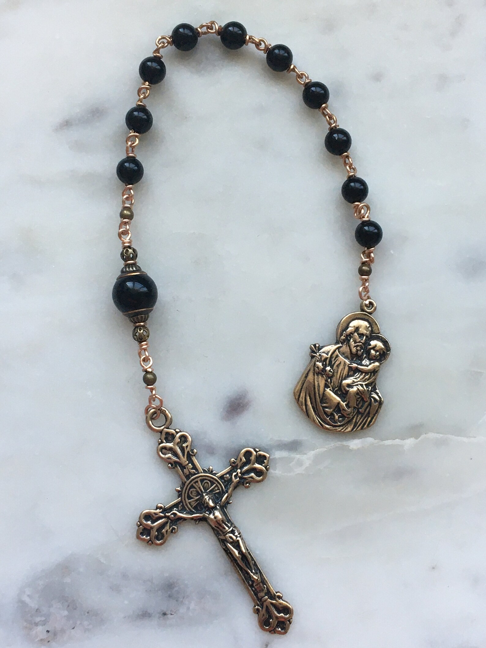 Saint Joseph Single Decade Rosary - Onyx and Bronze - Lilies Crucifix ...