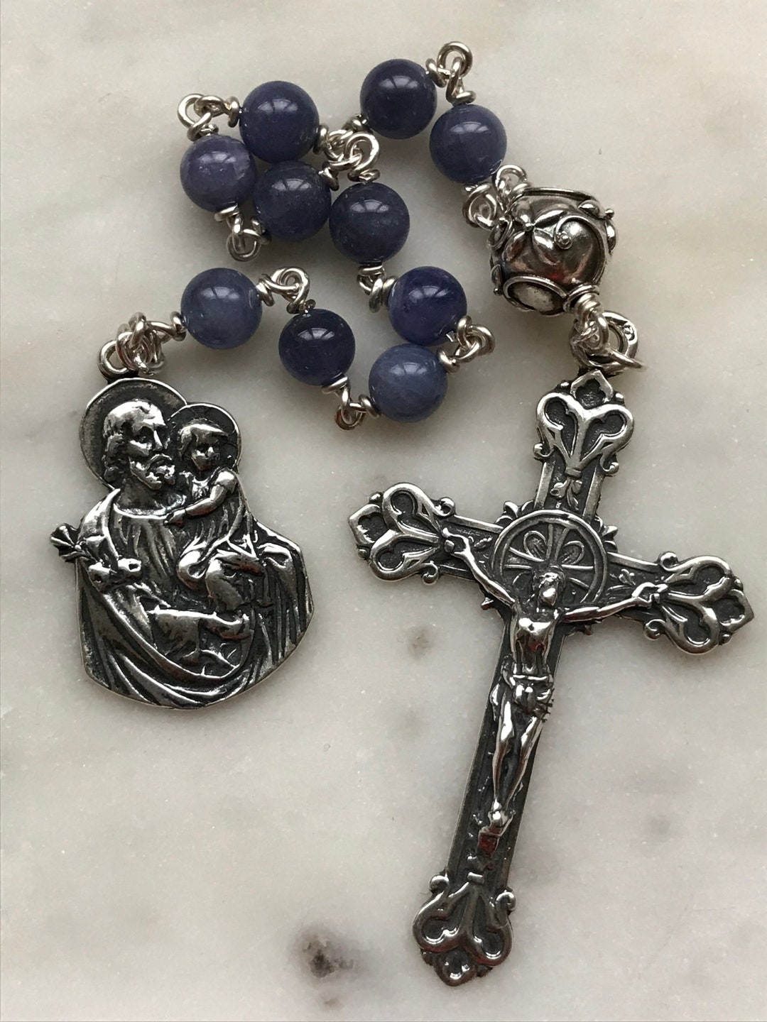 Saint Joseph Tenner - Tanzanite Gemstone Rosary - Sterling and Sterling ...