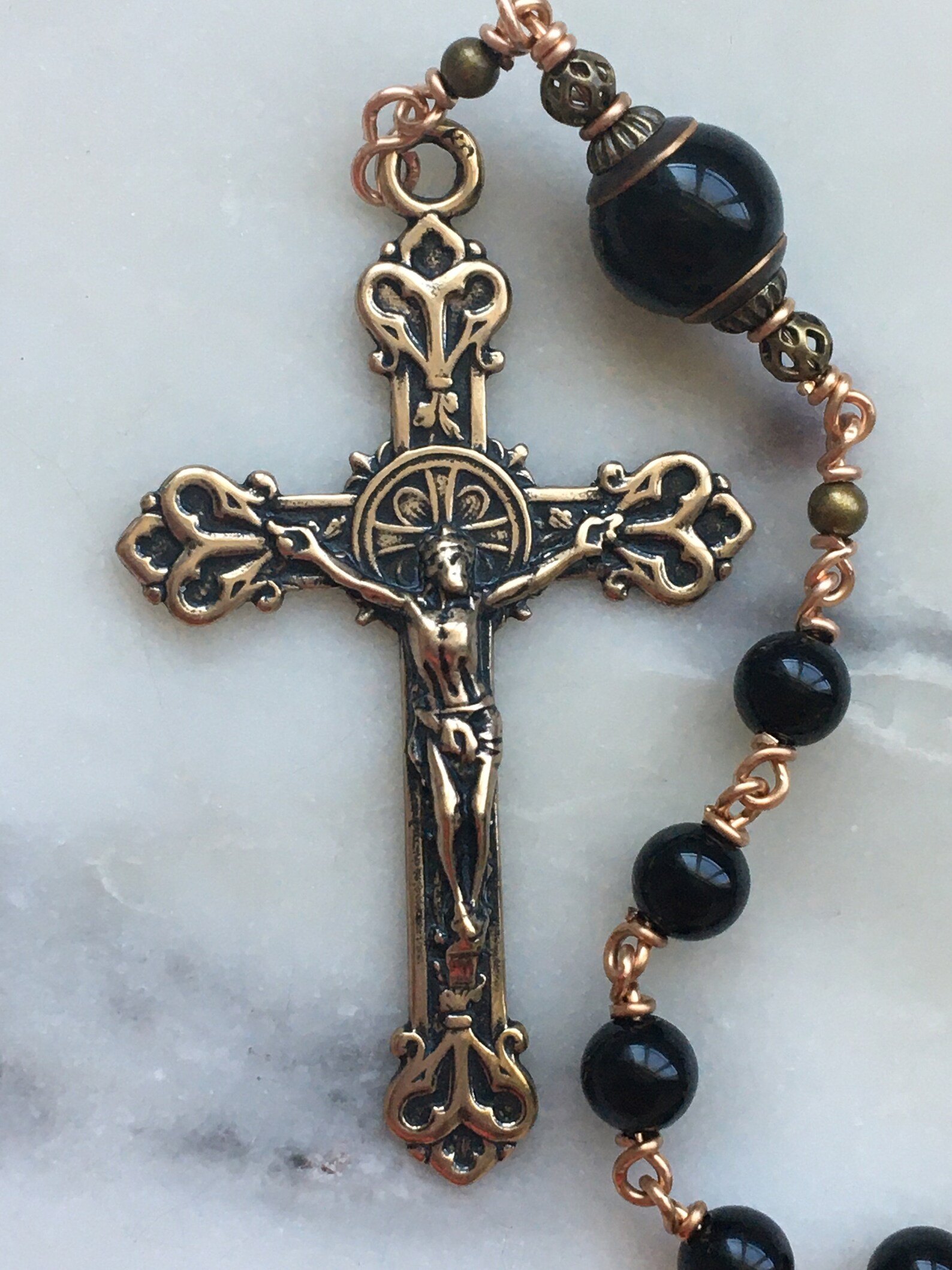 Saint Joseph Single Decade Rosary - Onyx and Bronze - Lilies Crucifix ...