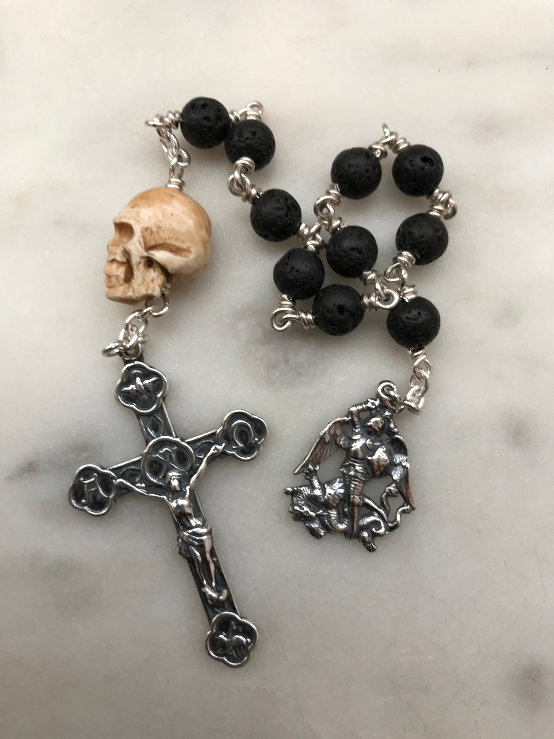 Memento Mori Rosary: Lava Bead, Ox Bone Skull, Sterling Silver - Etsy