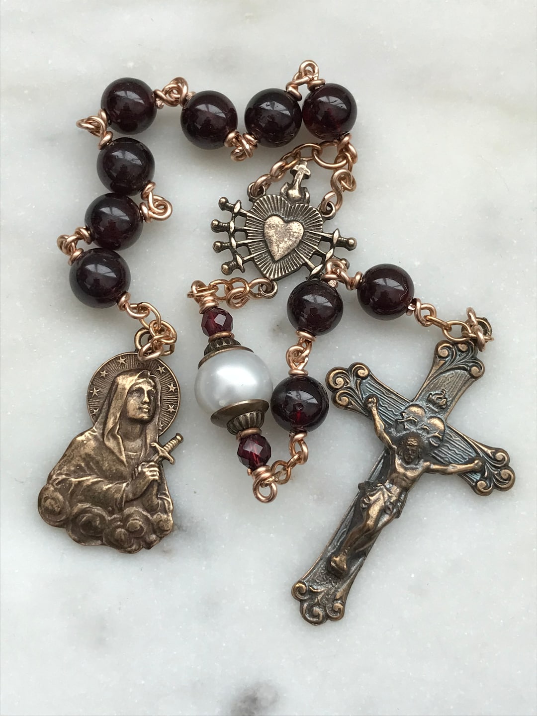 Pocket Servite Rosary - Garnet - Bronze - Seven Sorrows Chaplet - Our ...