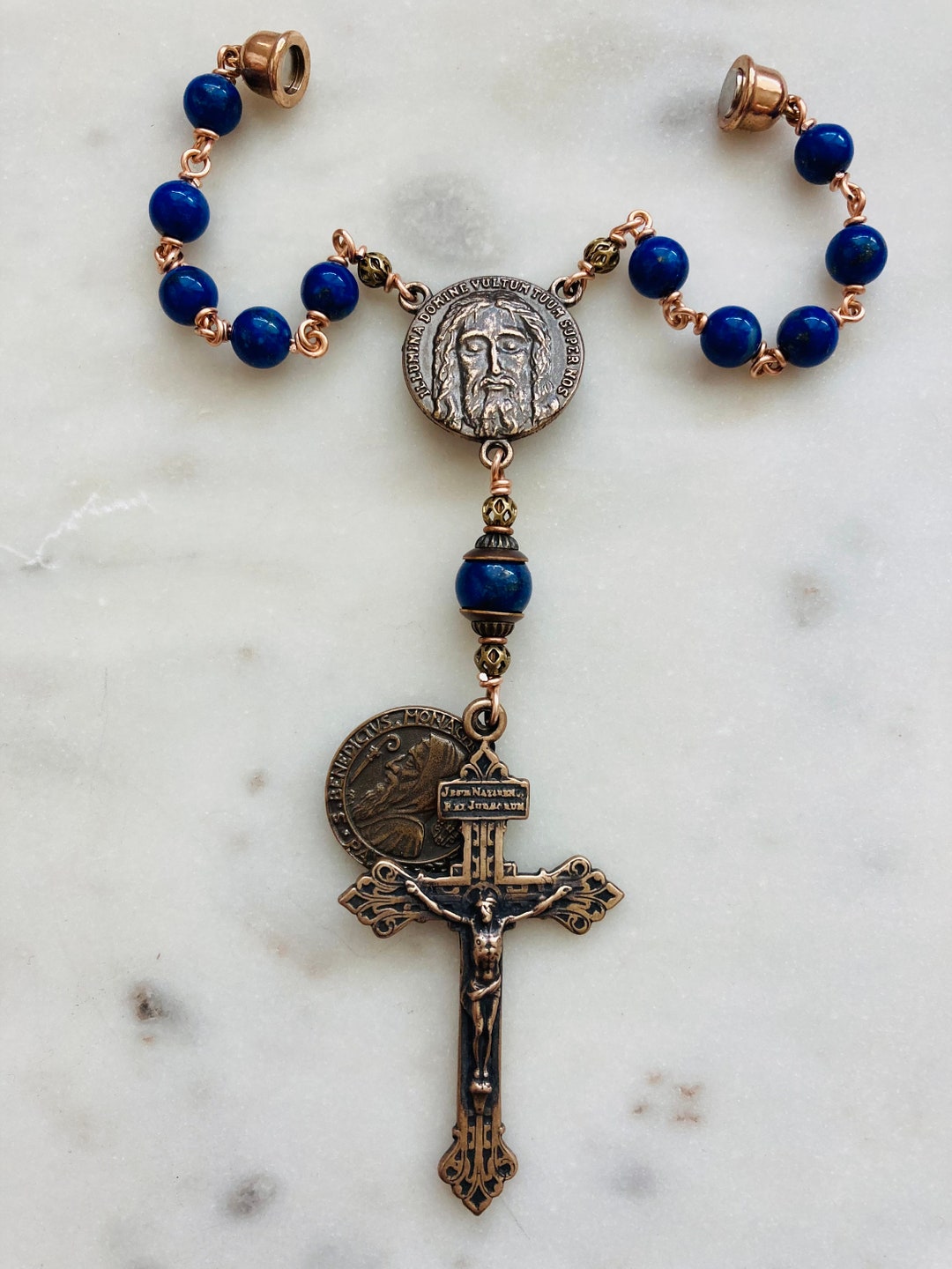 Holy Face Saint Benedict Auto Rosary - Lapis and Bronze - One Decade ...