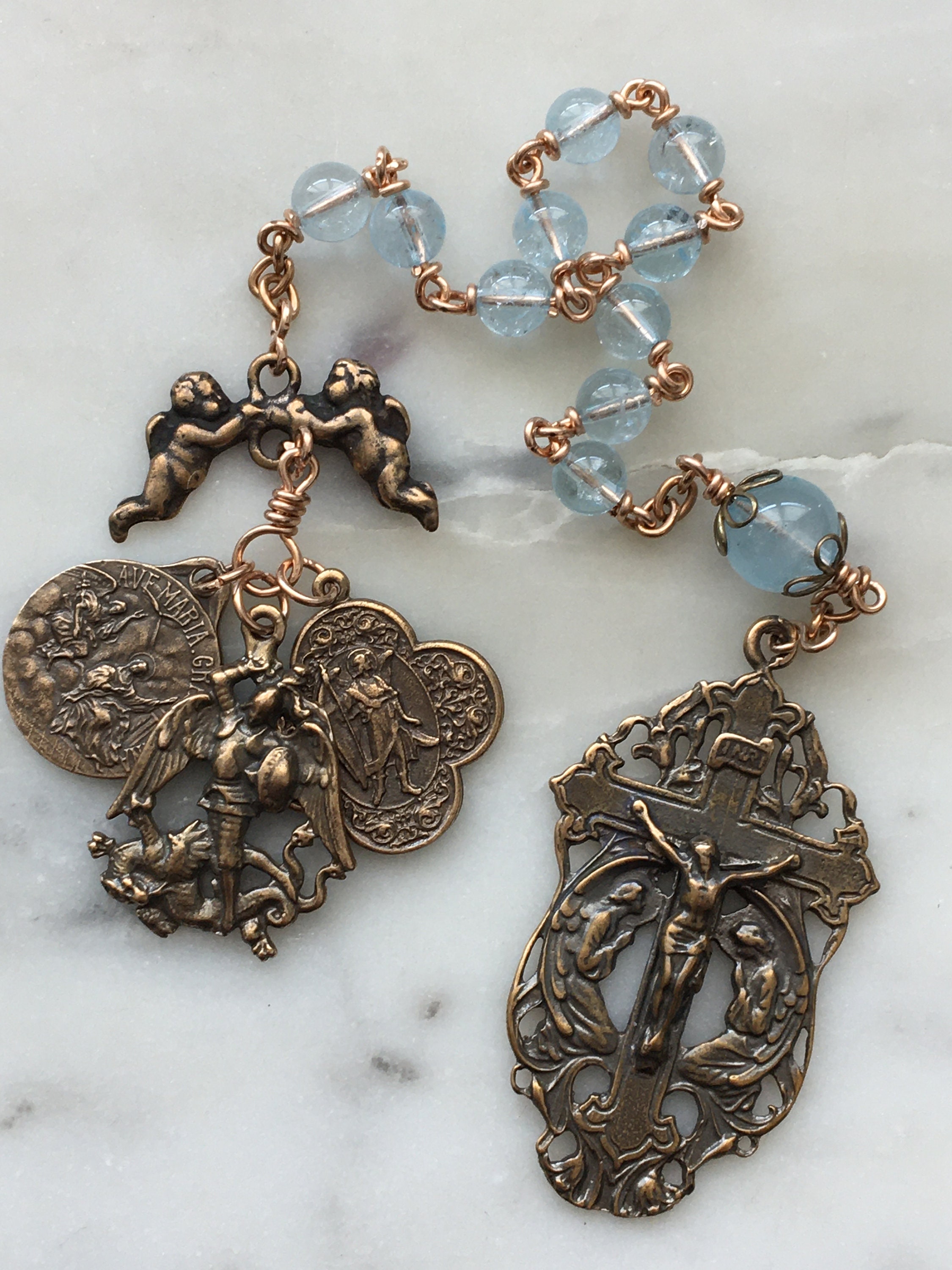 Angels Pocket Rosary Blue Topaz and Bronze Archangels - Etsy