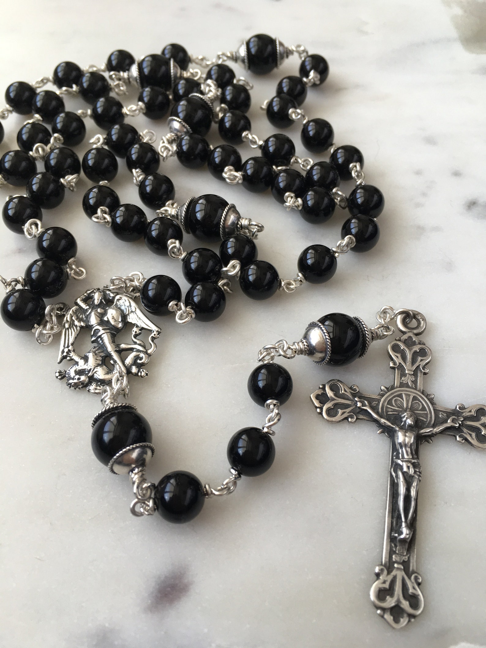 Saint Michael Rosary 8mm Onyx, Sterling Silver, Antique French Medals ...