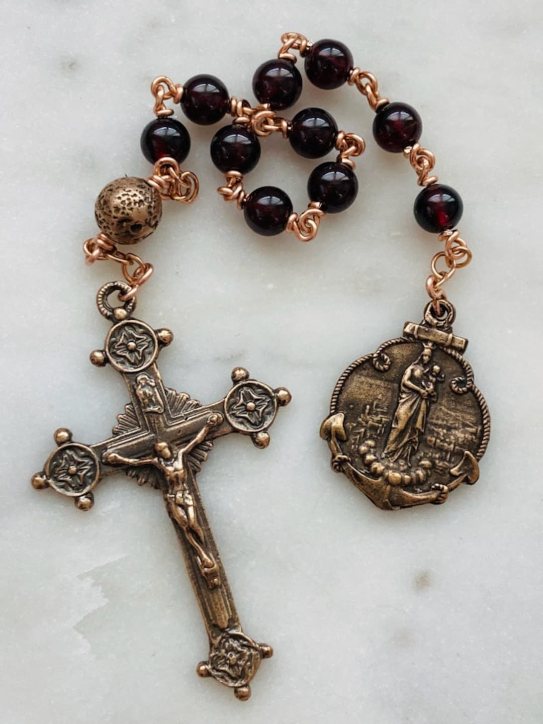 Our Lady of Guard Rosary Tenner - Garnets and Bronze - Etsy