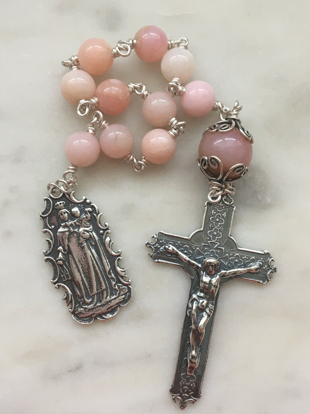 Sterling Silver Our Lady of Carmel Rosary: Pink Opal Single Decade ...