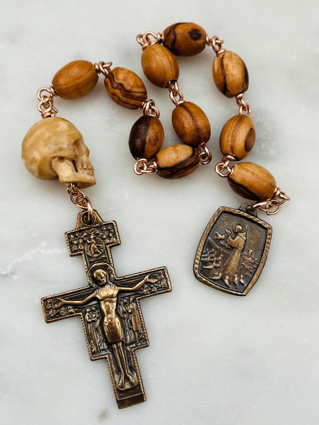St. Francis Pocket Rosary - Olive Wood and Ox Bone Skull - Francisican ...