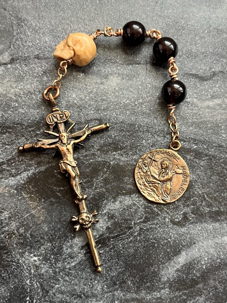 Three Hail Mary Chaplet - Mary Magdalene - Garnet Gemstones and Bronze ...