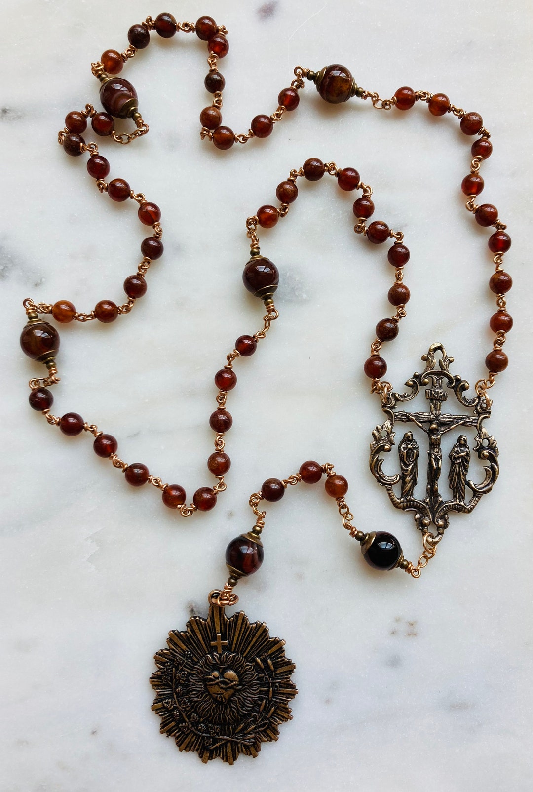 Sacred Heart Rosary - Impressive Medals - Spessartite Garnet Gemstones ...
