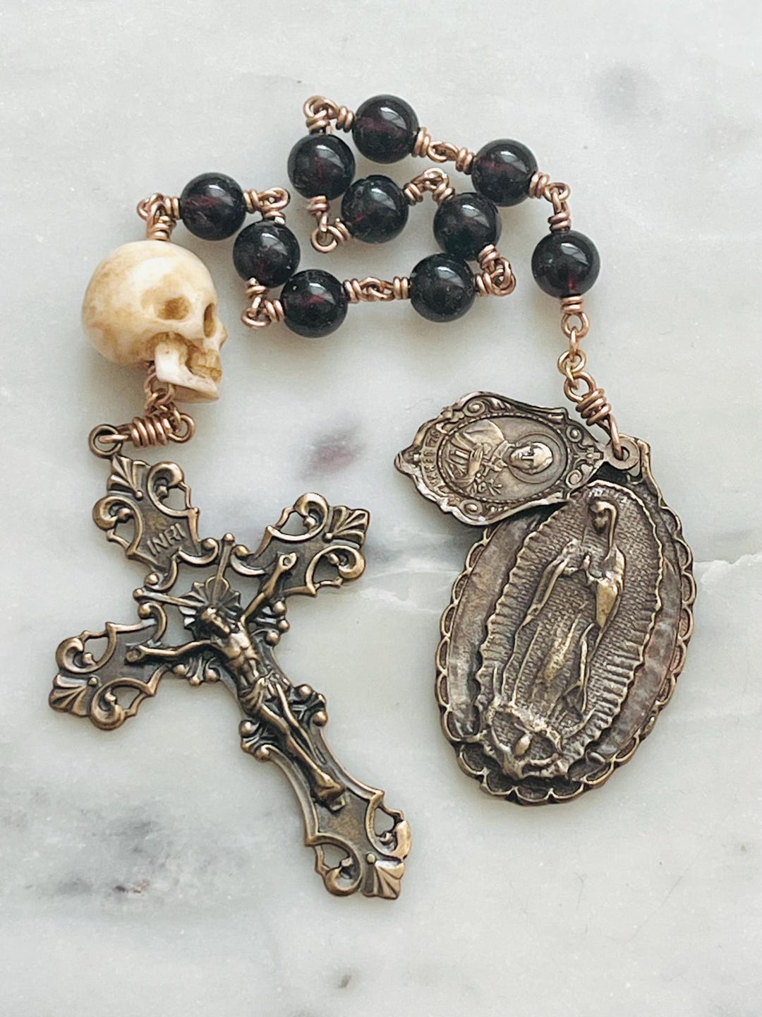 Our Lady of Guadalupe Rosary: Garnet, Ox Bone Skull, Bronze Medals ...