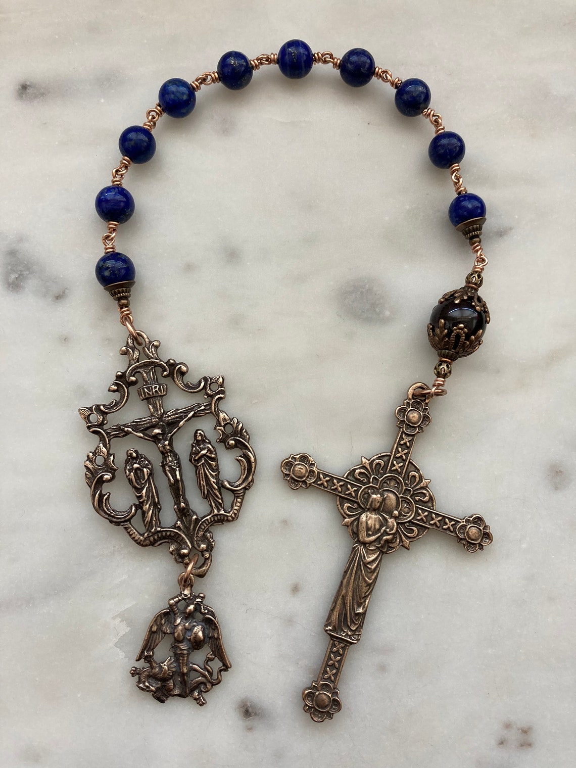 Large Lapis and Bronze Single Decade Rosary - Renaissance Tenner - Wire ...