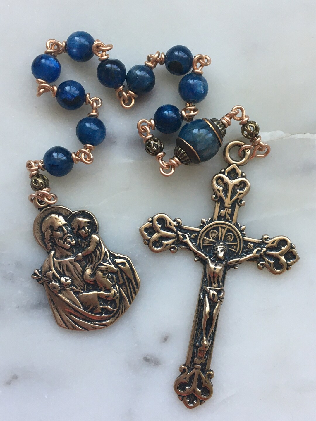 Saint Joseph Single Decade Rosary - Blue Kyanite and Bronze - Lilies ...
