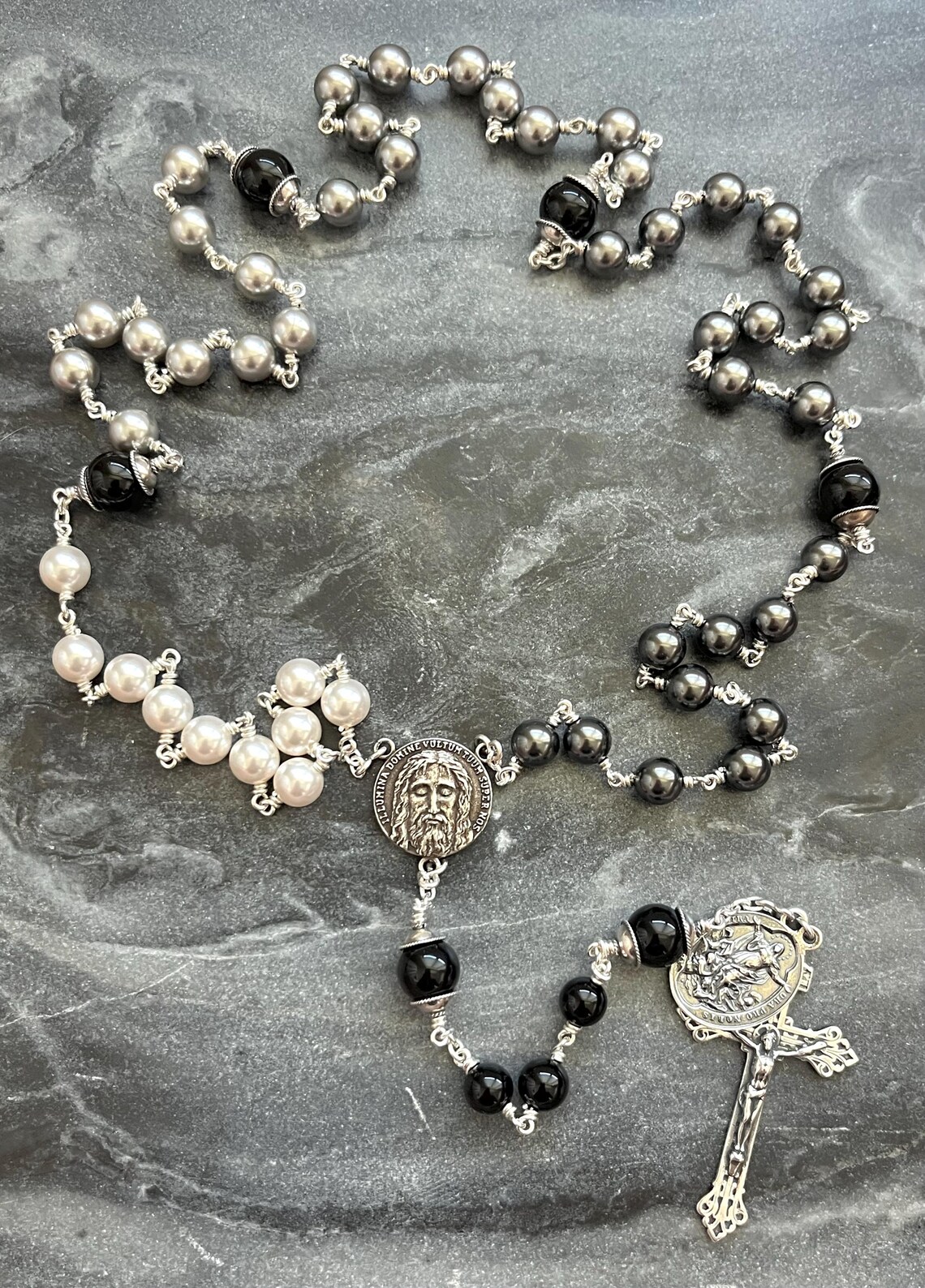 Holy Souls Sterling Silver Ombré Rosary - Crystal Pearls Black Gray and ...
