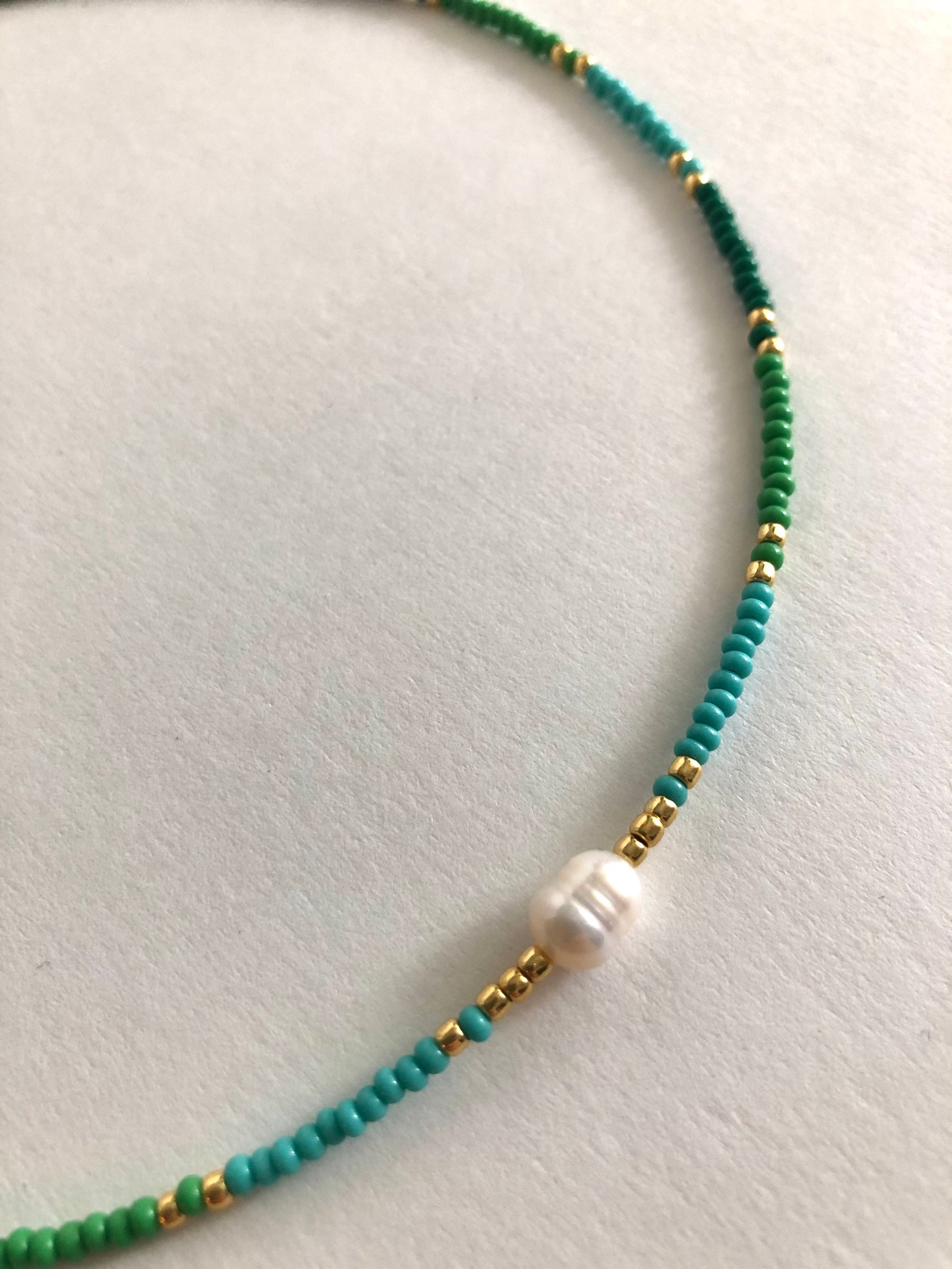 Shades of Green Beach Summer Necklace/ Dainty/ Surfing /beaded Chocker ...