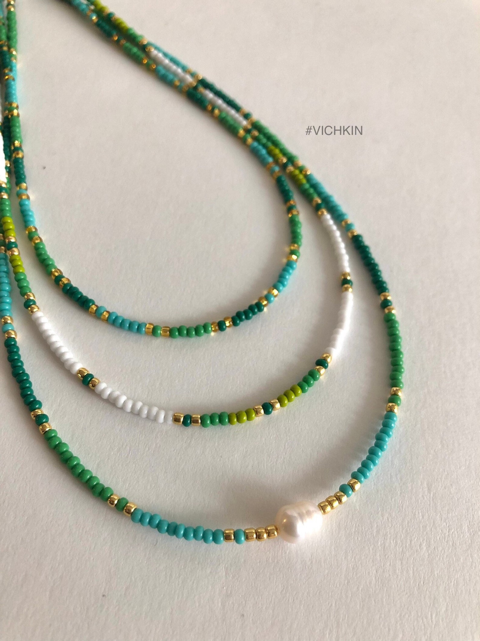Shades of Green Beach Summer Necklace/ Dainty/ Surfing /beaded Chocker ...