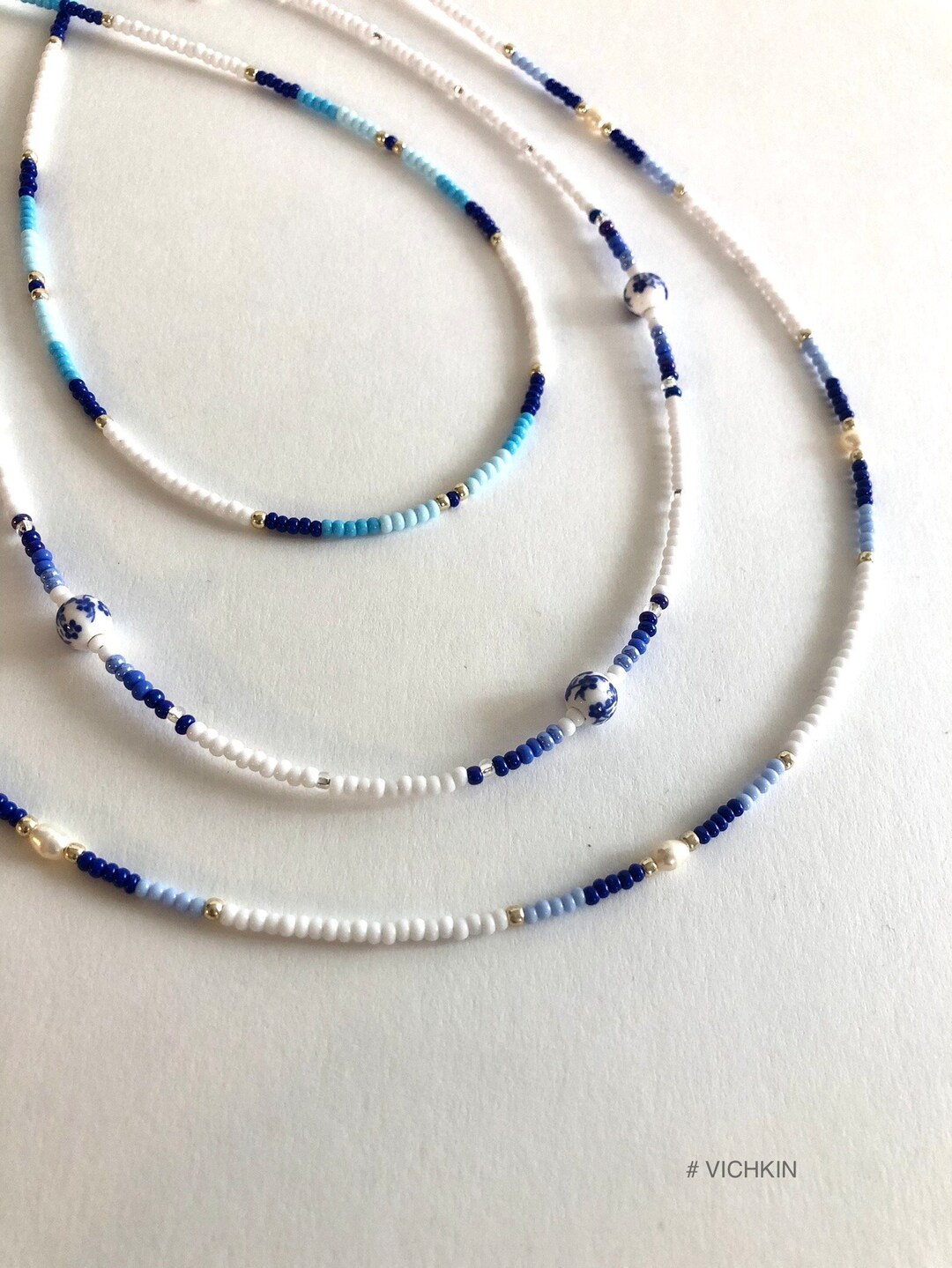 Dainty Blue Beach Summer Necklace/ Fresh Pearl/ Porcelain/ Surfing ...