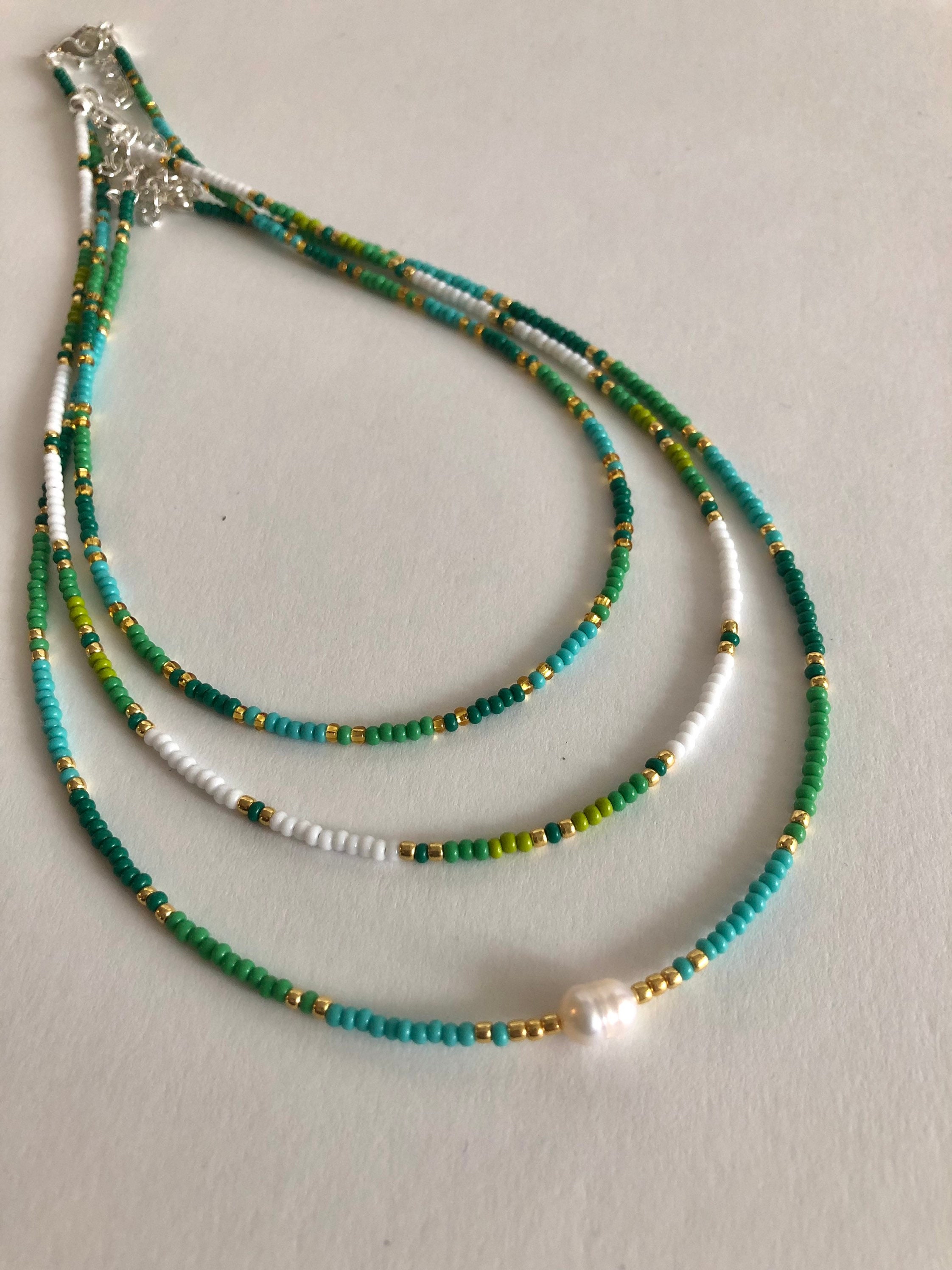 Shades of Green Beach Summer Necklace/ Dainty/ Surfing /beaded Chocker ...