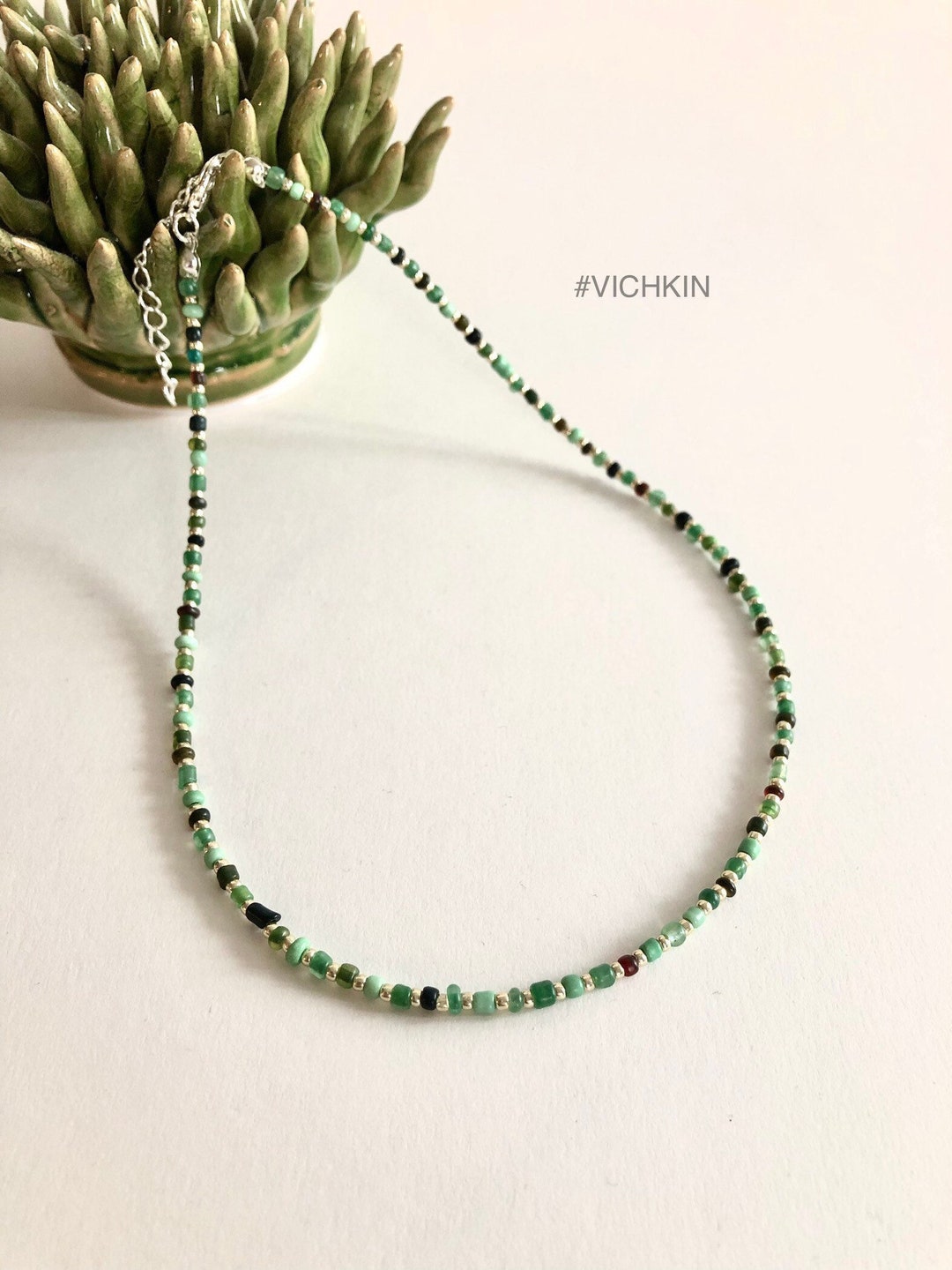 Shades of Green Beach Summer Necklace/ Dainty/ Surfing /beaded Chocker ...
