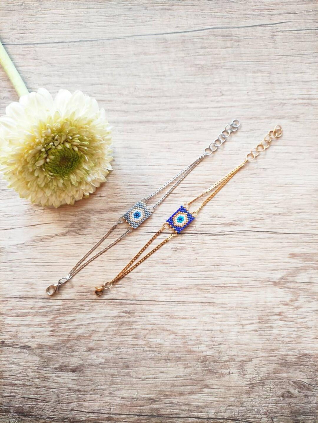 Miyuki Beaded Evil Eye Bracelet, Stainless Steel Chain - Etsy