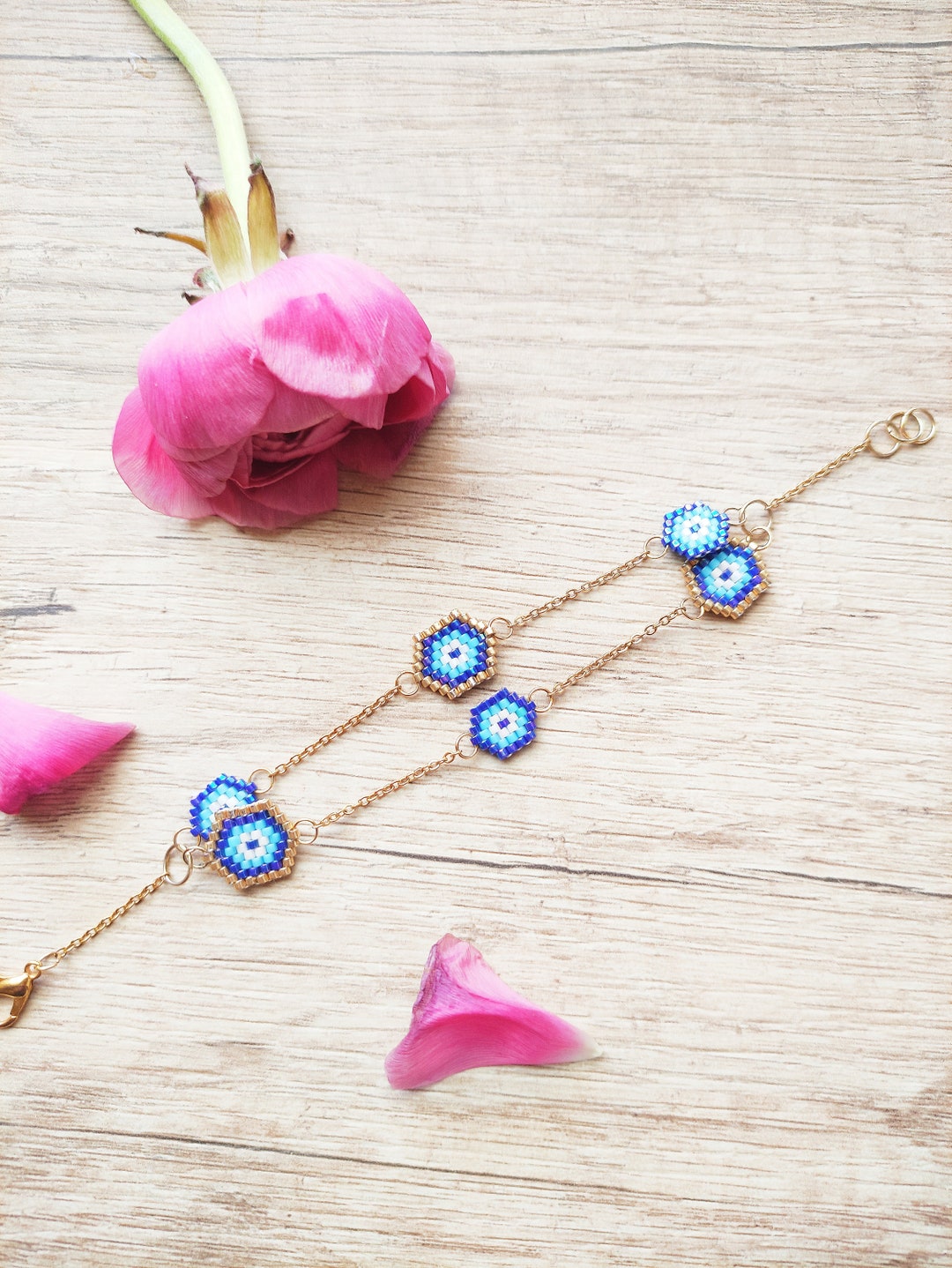Evil Eye Charm Bracelet, Miyuki Delica Beads, Gold Chain, Protection ...