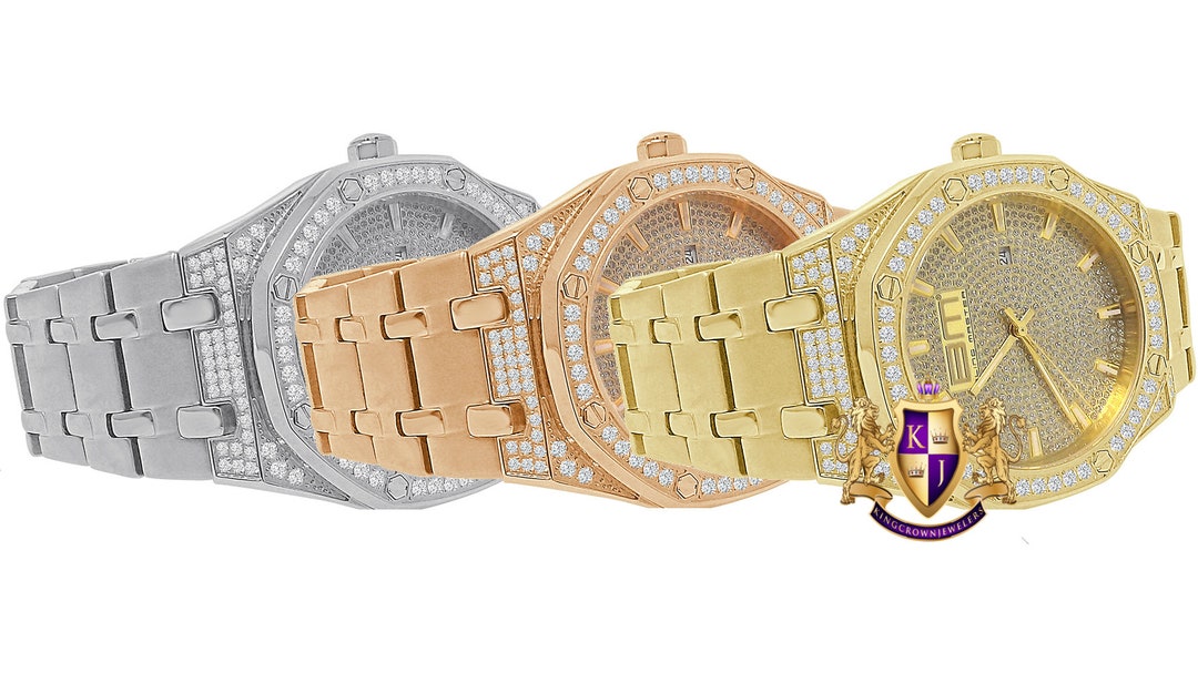 Men's Full Solid Stainless Steel 18K Gold Finish Simulated Diamond AP ...