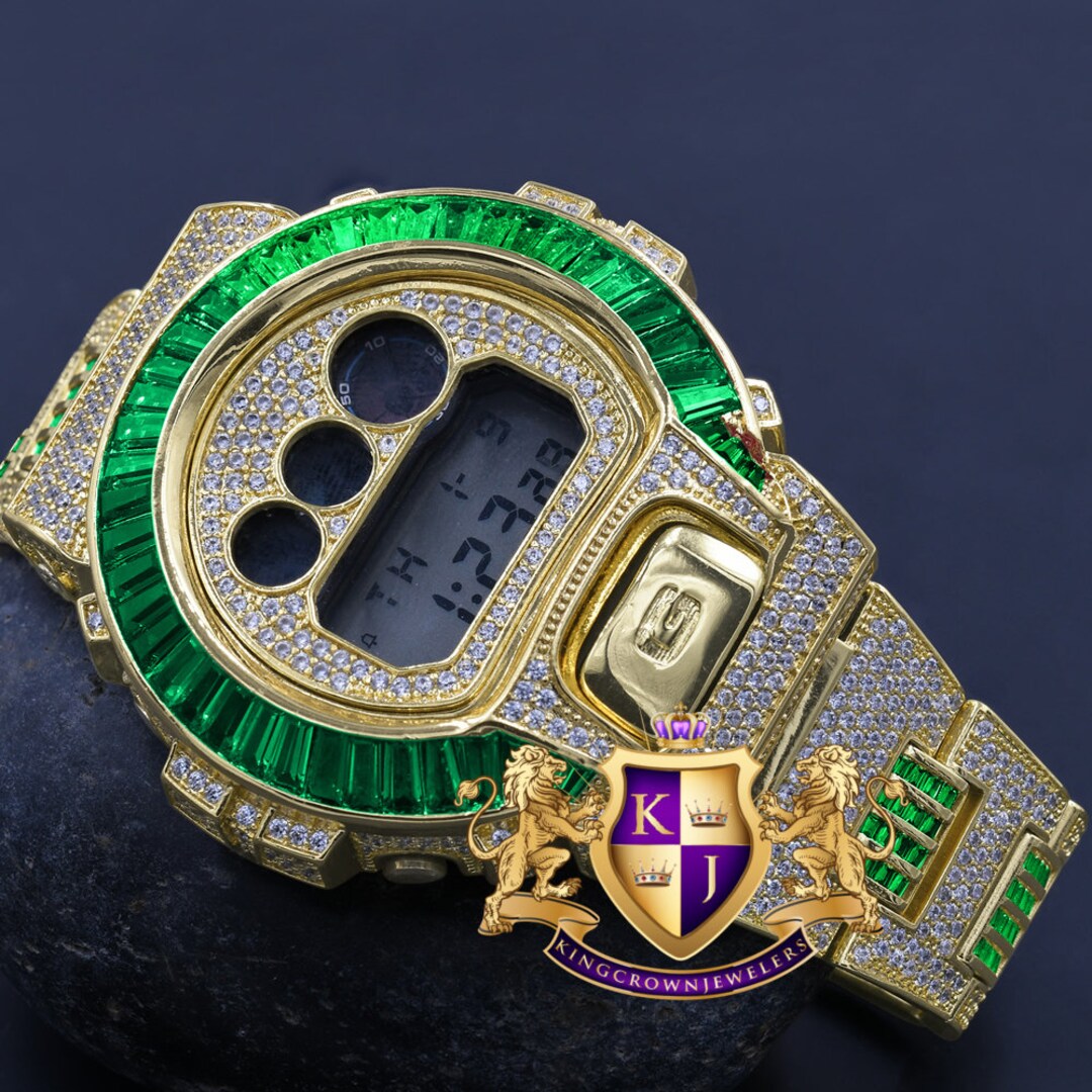 Mens Baguette Green Emerald 4K Yellow Gold Finish Casio G Shock ...