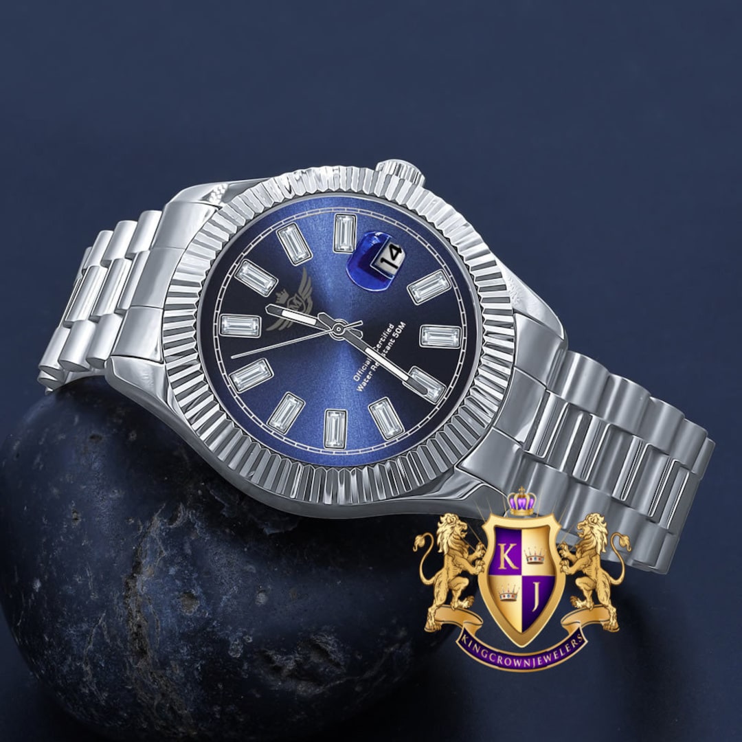 Blue Face Men's Solid Stainless Steel 18K White Gold Finish Simulated ...