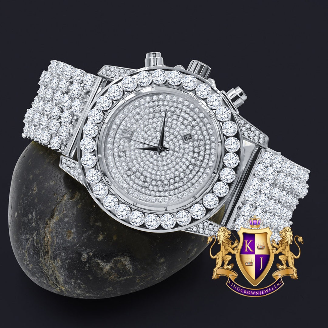 Fully Iced 18k White Gold Finish Simulated Diamond Custom Band Men's ...