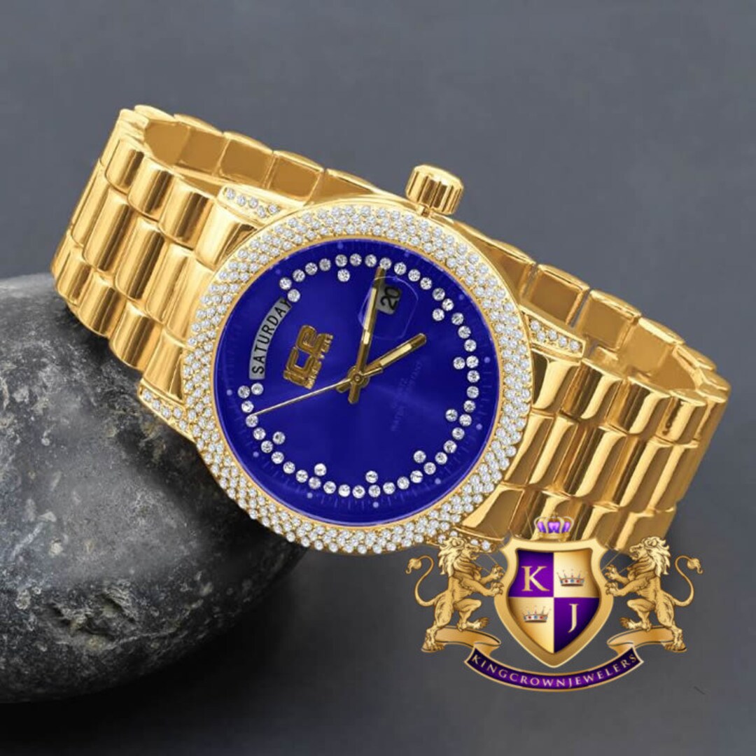 Blue Face Dial 14K Gold Tone Day/date Function Steel Back - Etsy