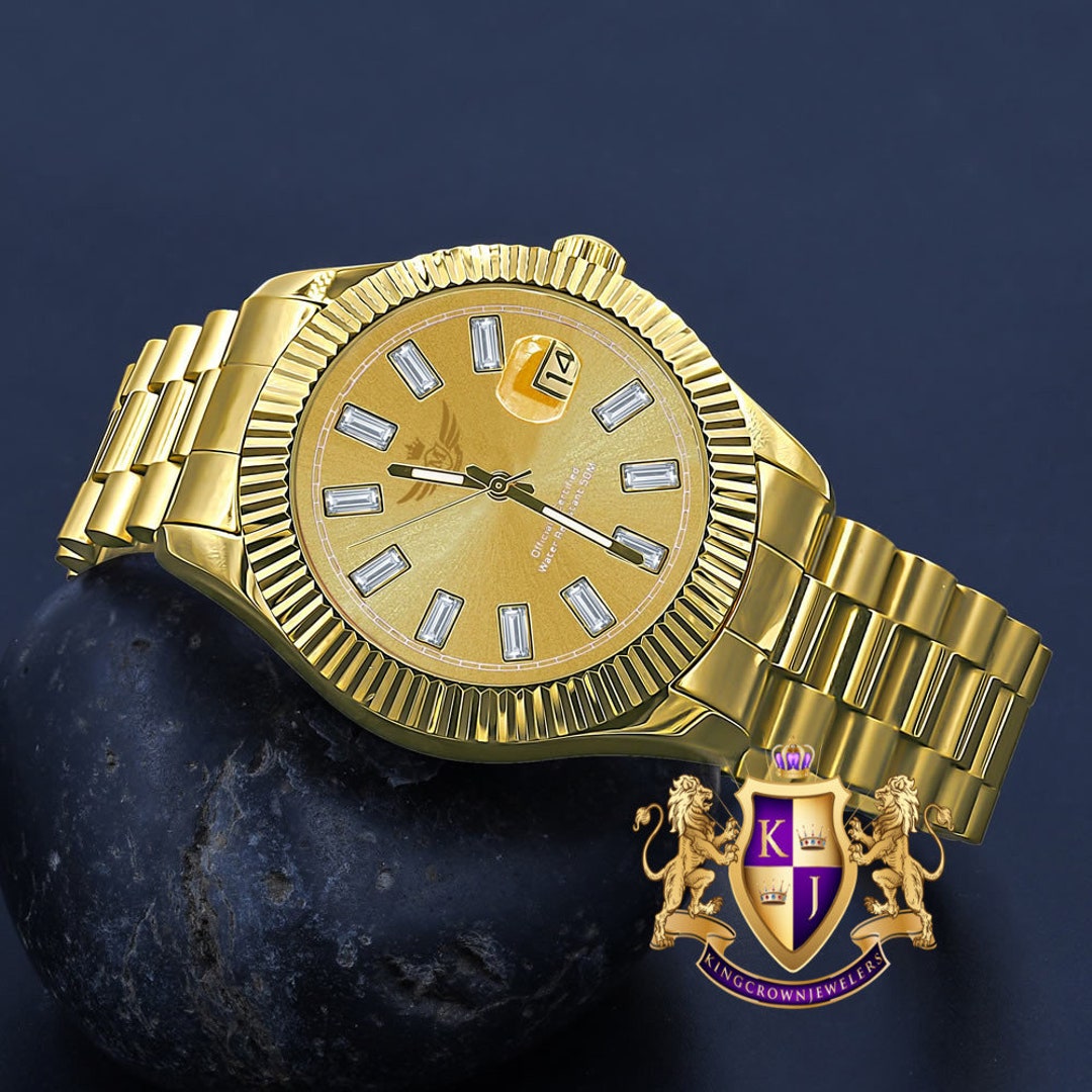 Men's Solid Stainless Steel 18K Gold Finish Simulated Diamond Automatic ...