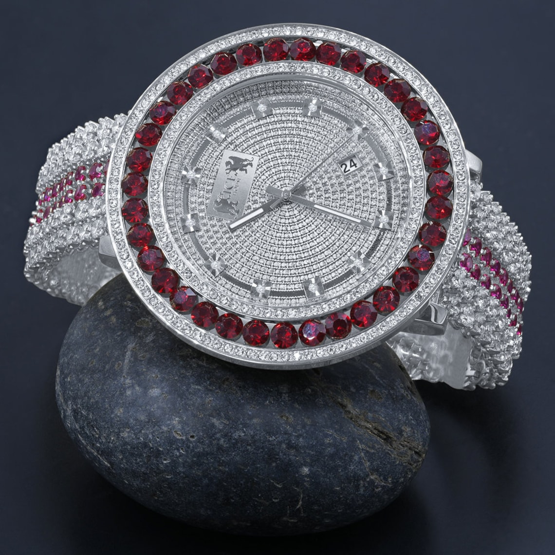 Iced Out Mens Ruby Red Watch 14K Gold Finish Genuine Diamond | Etsy