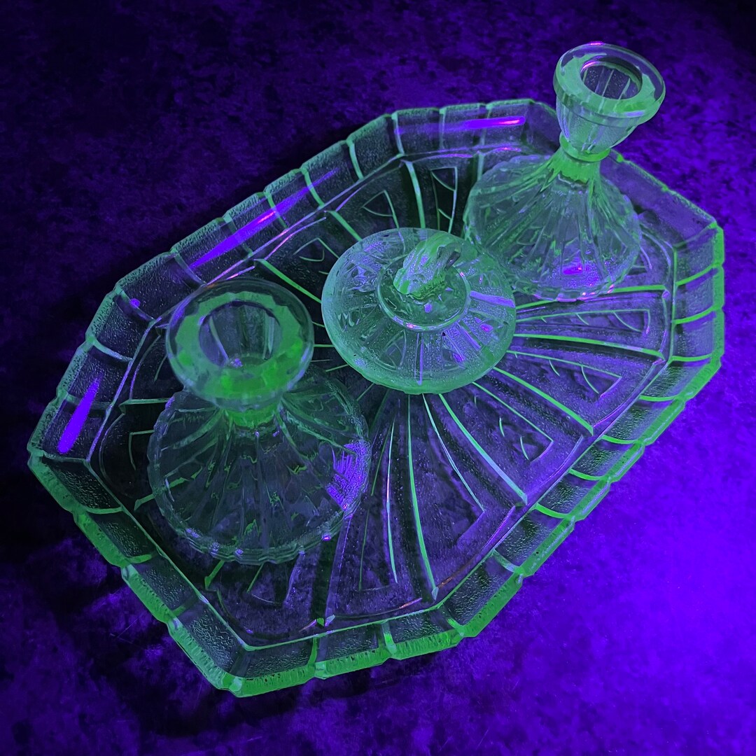 Vintage 1930s Art Deco Frosted Uranium Glass Bathroom Vanity Set Tray ...