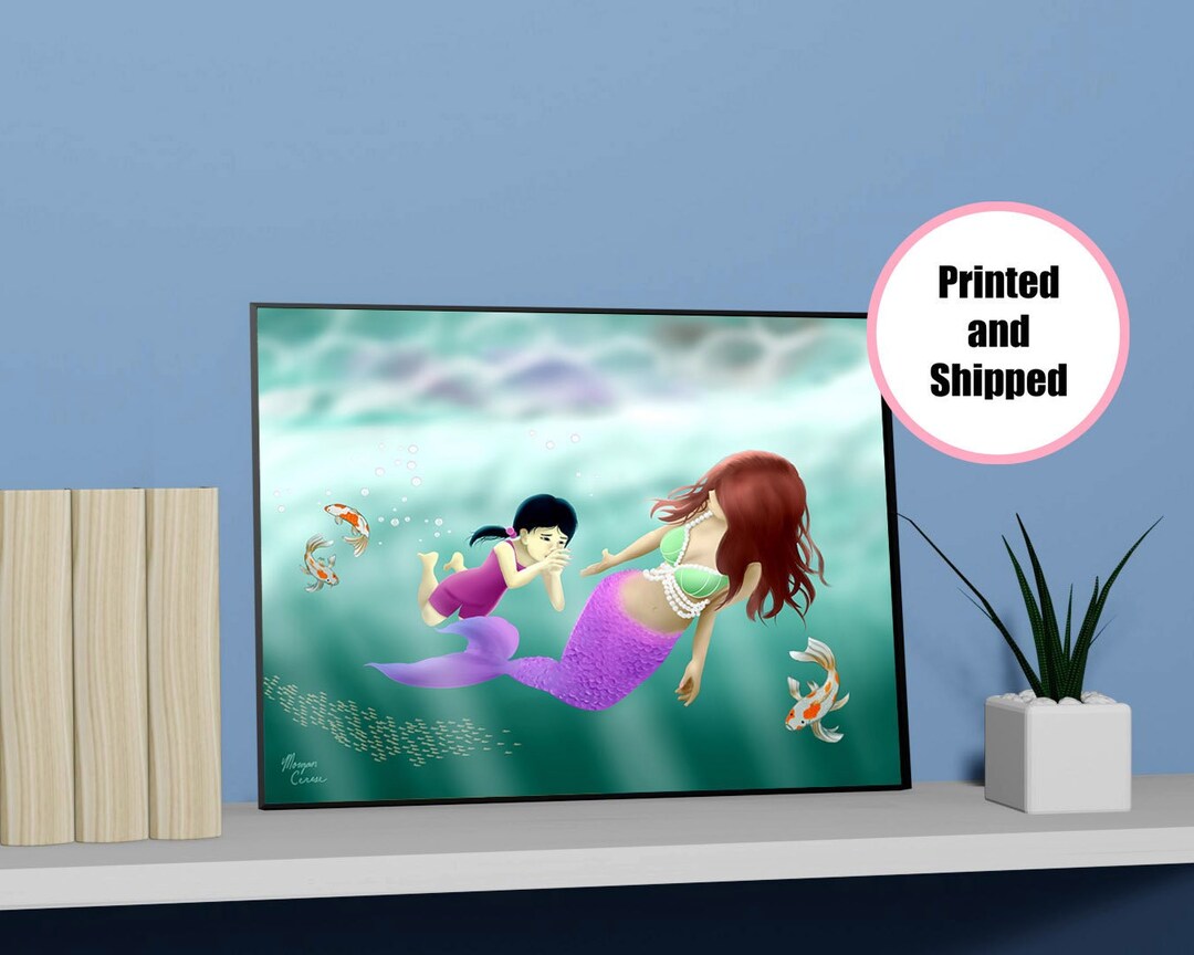 Swimming Lesson 11"x14" PHYSICAL Art Print - Mermaid Little Girl Koi ...