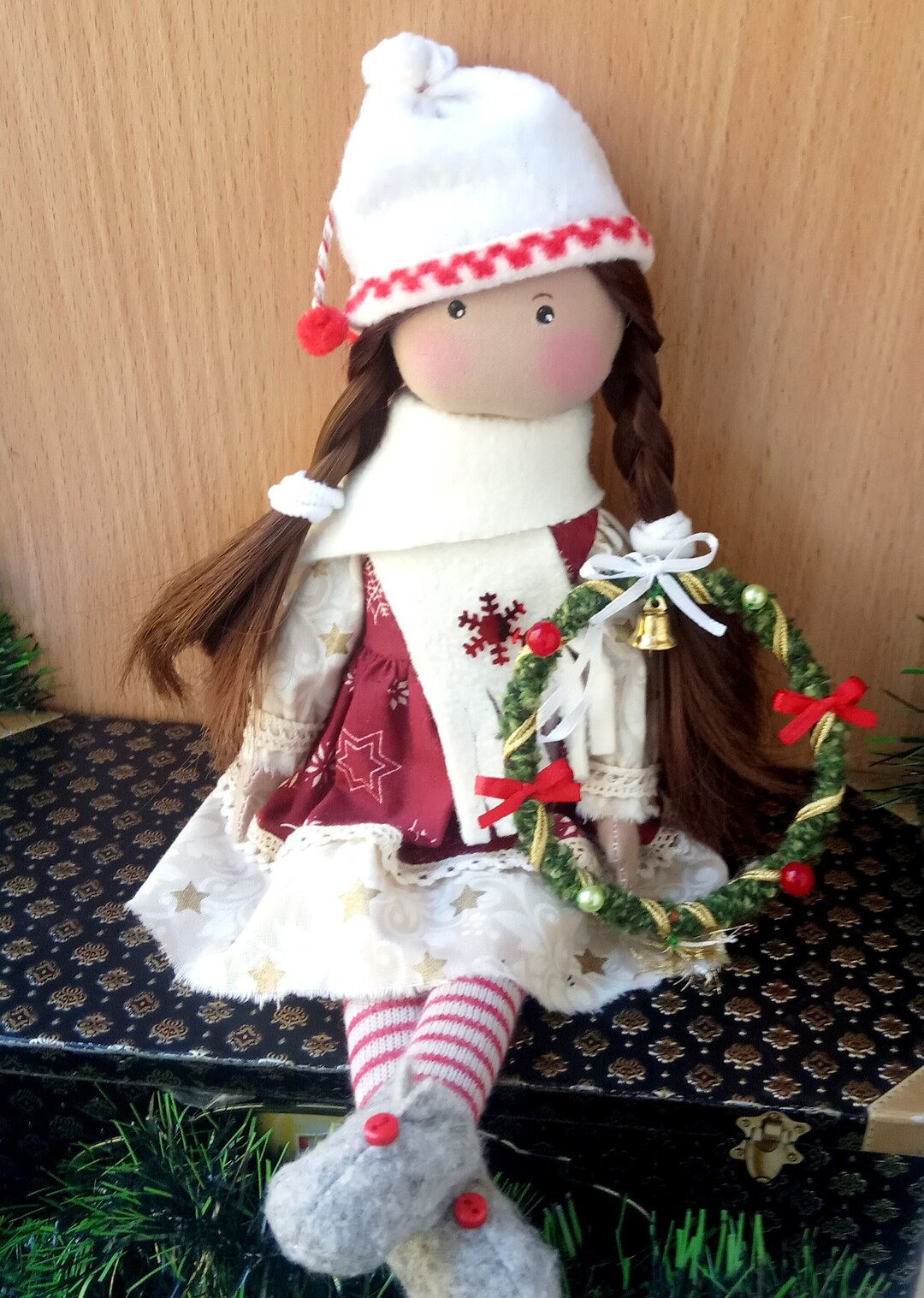 Handmade Christmas Rag Doll With Christmas Wreath fabric Christmas ...
