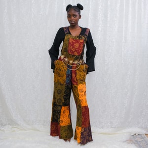 Patchwork Wide Leg Cotton Jumpsuit, Hippie Style, Celestial Mushroom Bib Overalls, Boho Summer ...