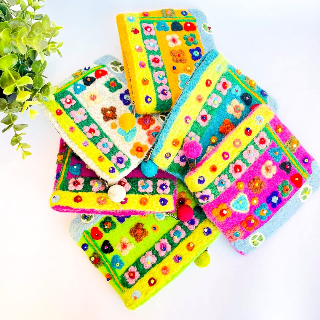 Colorful Handmade Felt Pouch, Flower Designed Felt Coin Purse, Purse ...