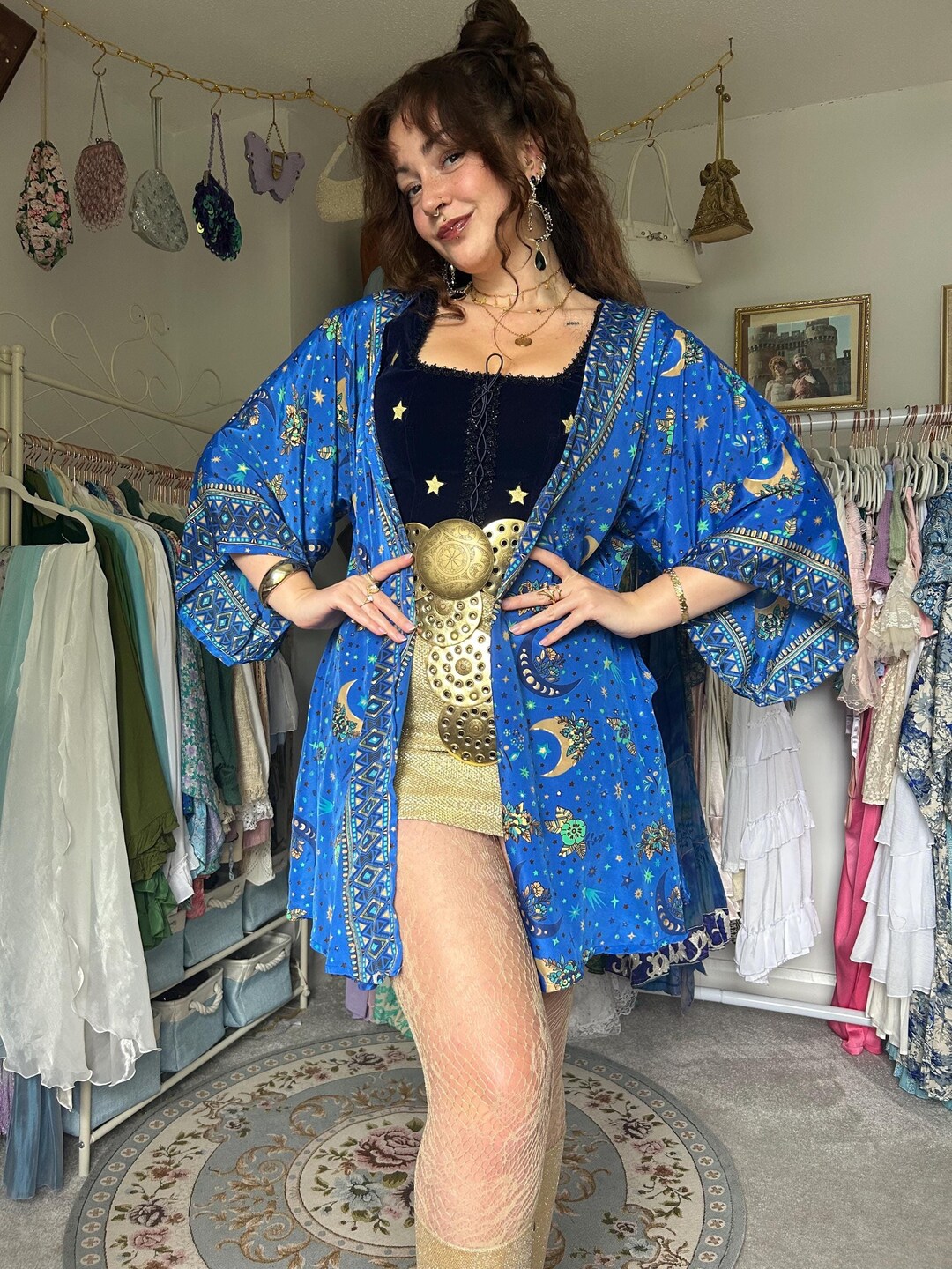 Celestial Silk Short Kimono, Vintage Celestial Loose Robe With Pocket ...
