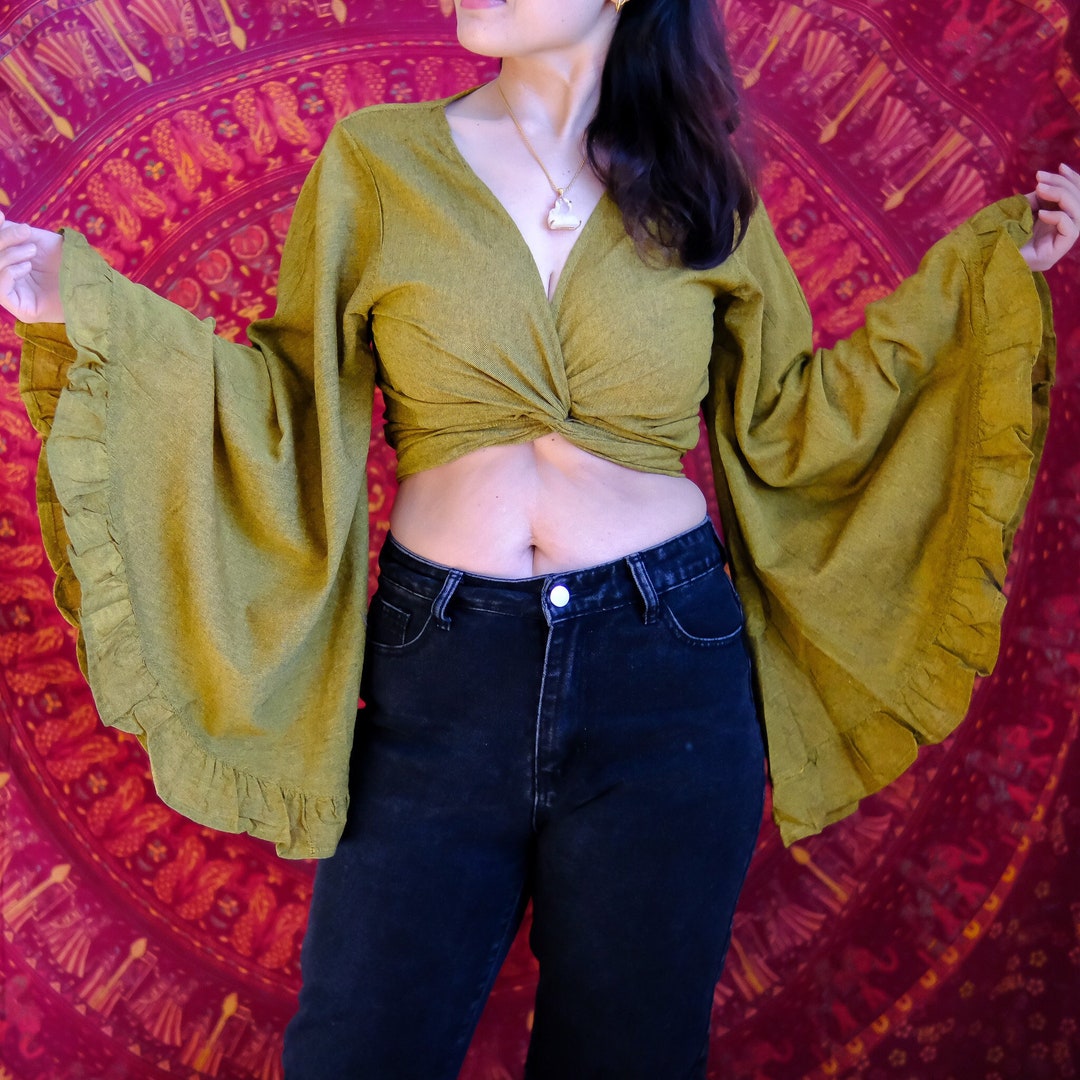 Cotton Bell Sleeve Wrap Top, 3 Way Boho Tie Top, Hippie Crop Top, 90s Style Summer Blouse, Flare ...