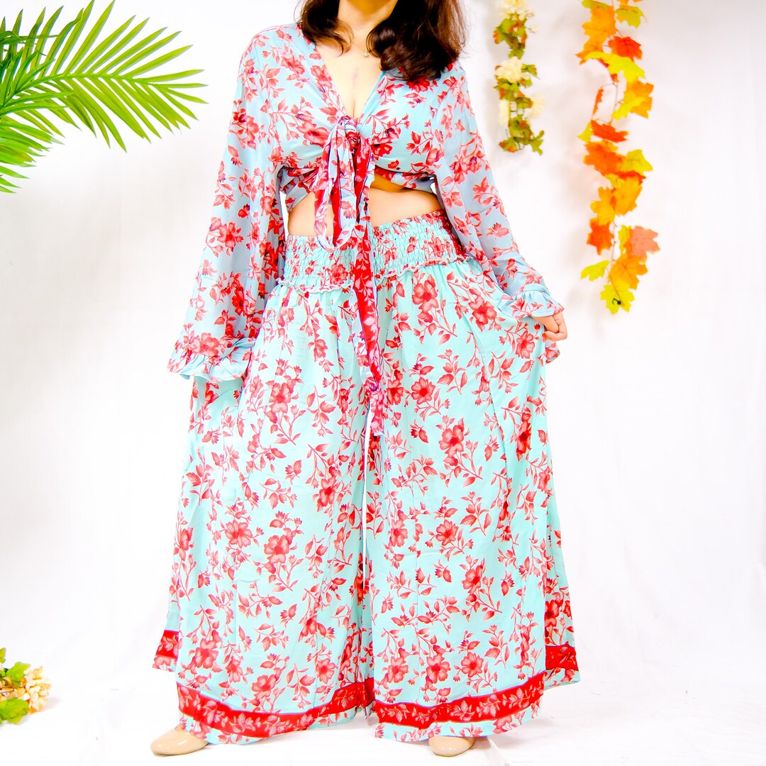 70s Silk Pant Set, Wide Leg Palazzo Pant and Bell Sleeve Top With ...