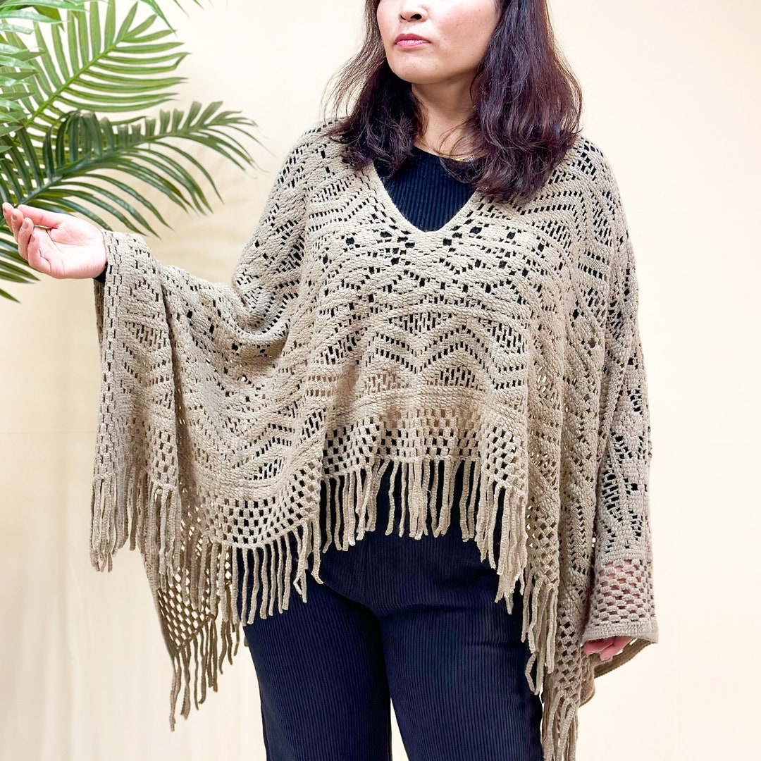 Hand Knitted Crochet Poncho, Fringe Wrap, Boho Fall Pullover, Cape ...
