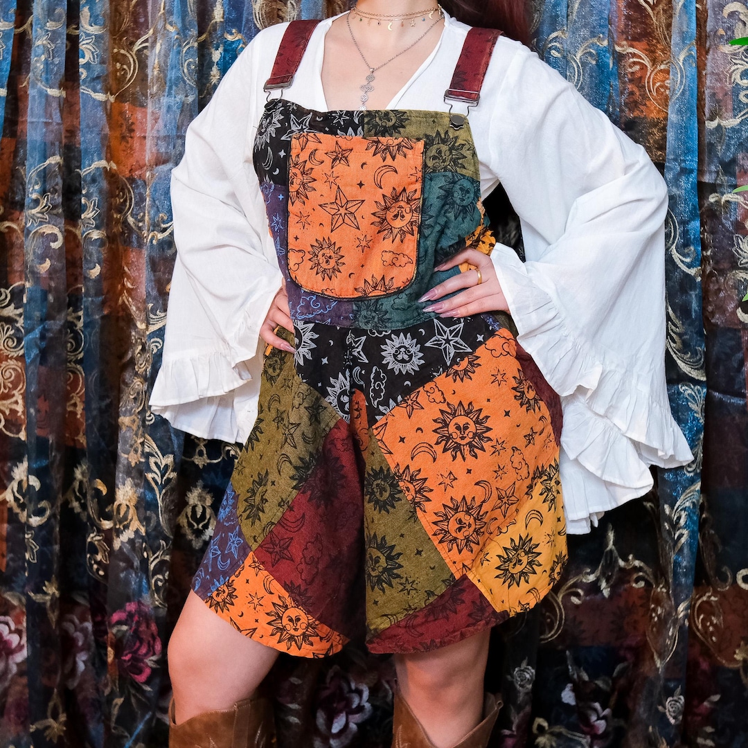 Boho Patchwork Celestial Romper,handmade Hippie Overalls With Pockets,festival Clothing,cotton ...