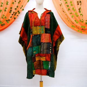 Patchwork Hippie Cotton Poncho, Unisex Fall/winter Wraps With Hoodie ...
