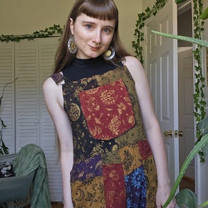 Patchwork Wide Leg Cotton Jumpsuit, Hippie Style, Celestial Mushroom Bib Overalls, Boho Summer ...