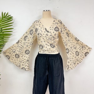 Celestial Print Boho Bell Sleeve Top, Festival Wrap Crop Top, Retro ...