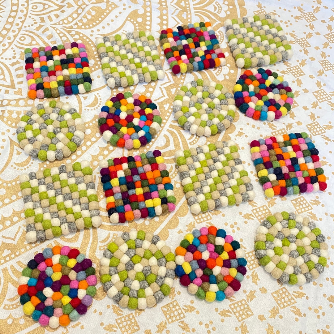 Handmade Felt Ball Wool Coasters From Nepal, Circle Felt Coasters ...