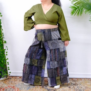 Patchwork Palazzo Wide Leg Pants, Earth Tones Boho Festival Trousers, 90s Hippie Pants ...