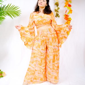 70s Silk Pant Set, Wide Leg Palazzo Pant and Bell Sleeve Top With ...