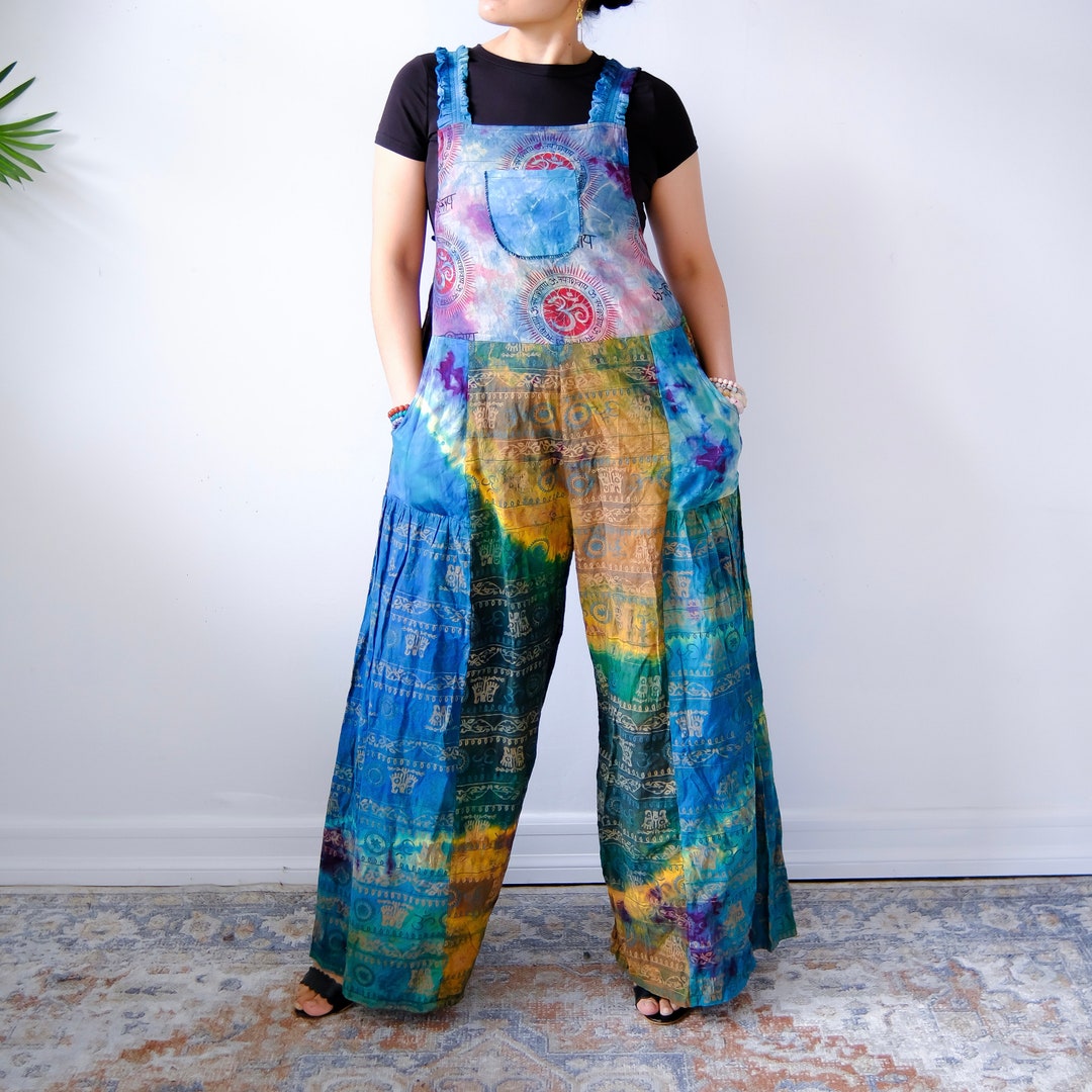 Boho Patchwork Jumpsuits, Wide Leg Overalls, Cotton Baggy Retro Overall, Handmade Bohemian Pant ...