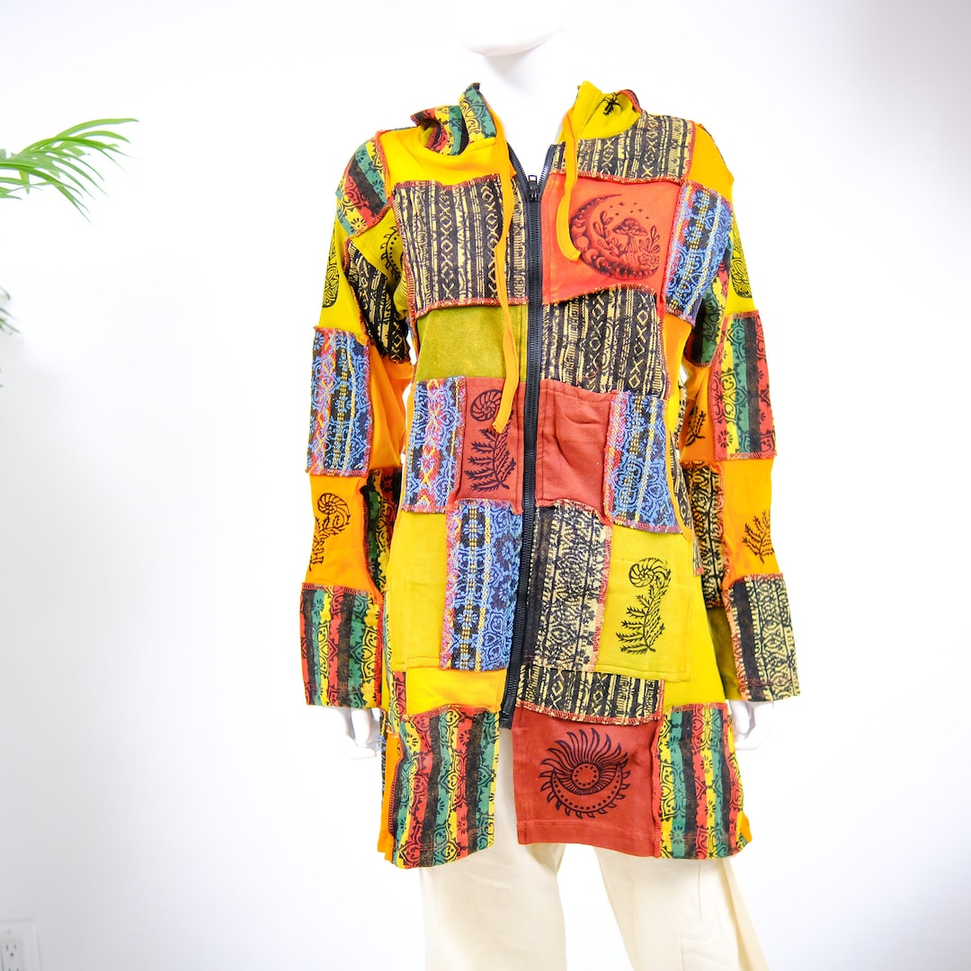 Long Patchwork Jackets, Handmade Winter Unisex Coats, Hooded Hippie ...