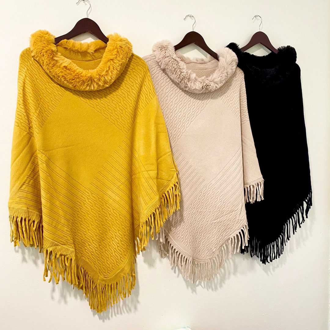 Fall Ponchos, Turtle NECK Winter Poncho, Faux Fur, Winter Wraps, Winter ...